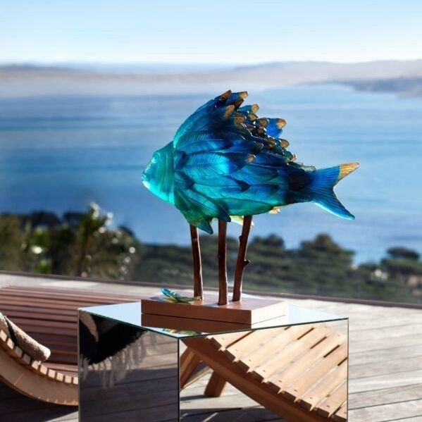 Sculpture en cristal - Punky Fish - Daum - à poser / d'extérieur / bleue