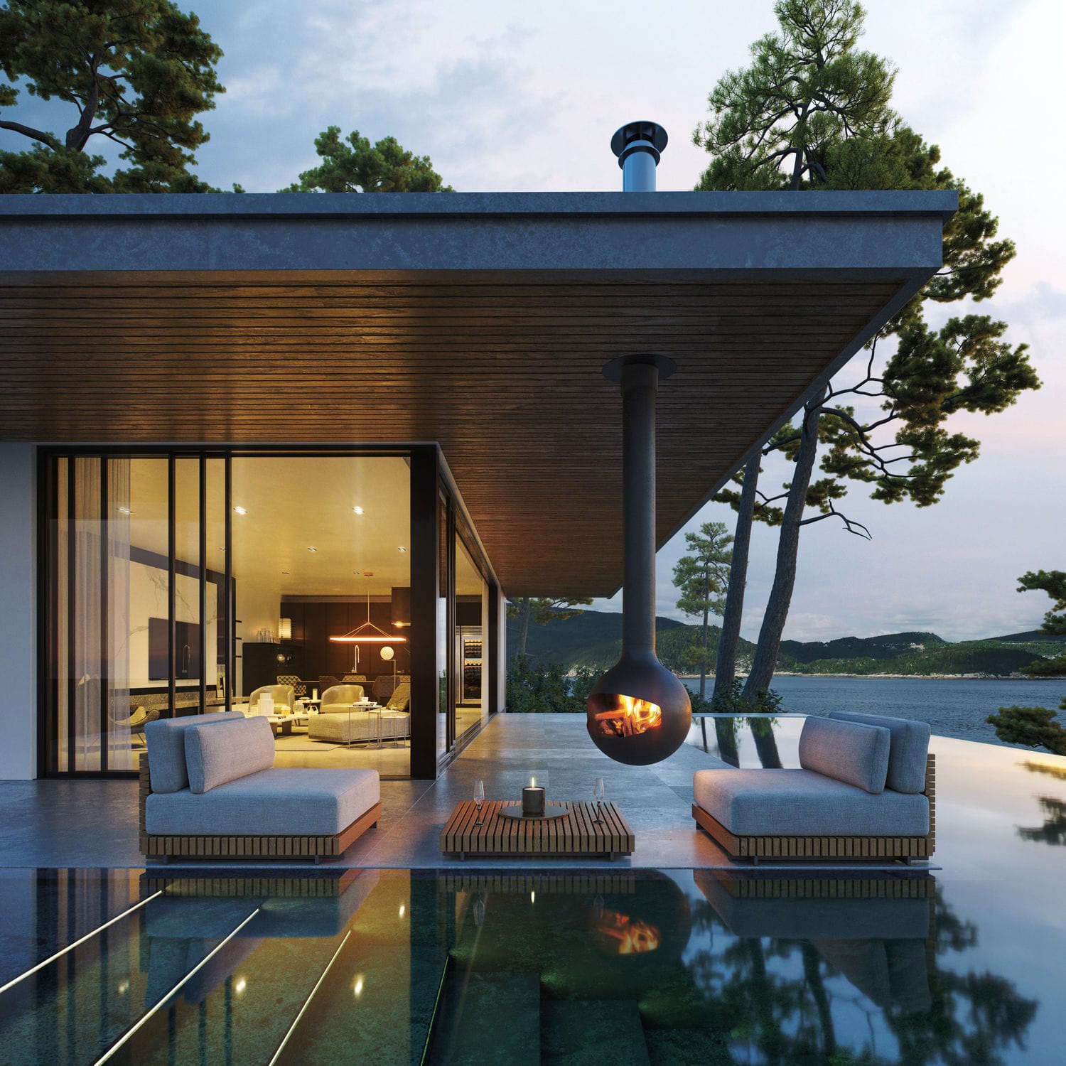 Cheminée à bois - BATHYSCAFOCUS - Focus Creation - suspendue / centrale / d'extérieur