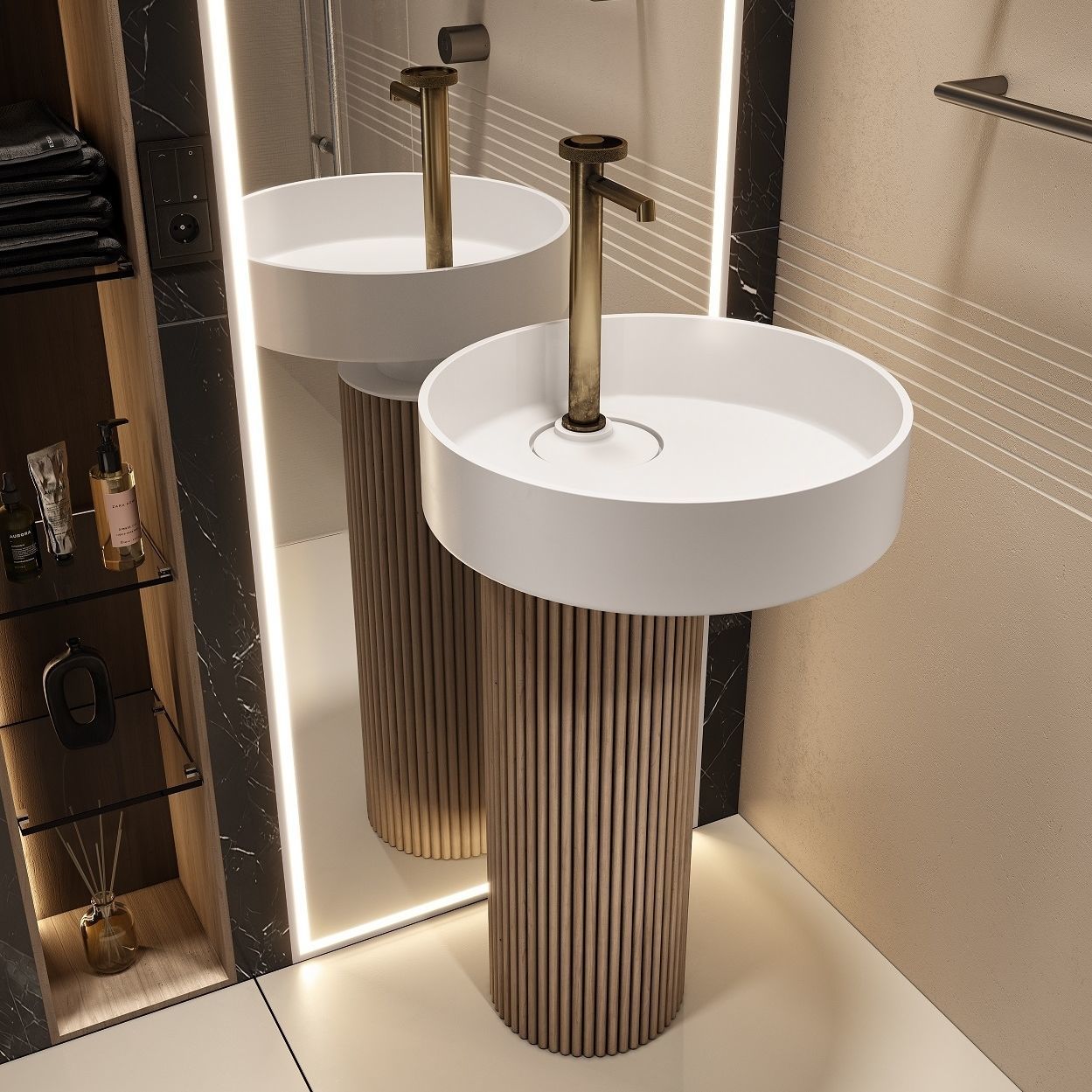 Vasque sur pied - TOWER OYSTER - MOMA DESIGN - en bois / en Corian® / ronde